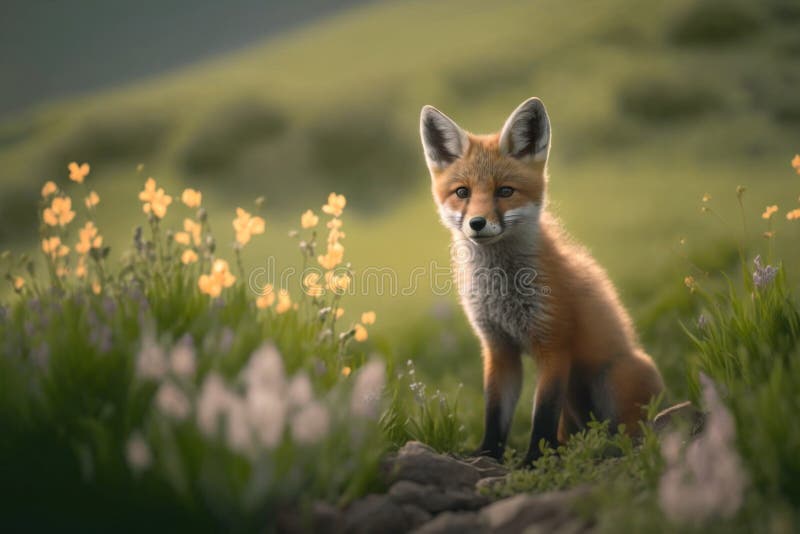 Baby Red Fox in Spring Green Grass with Flowers. Generative AI Stock ...