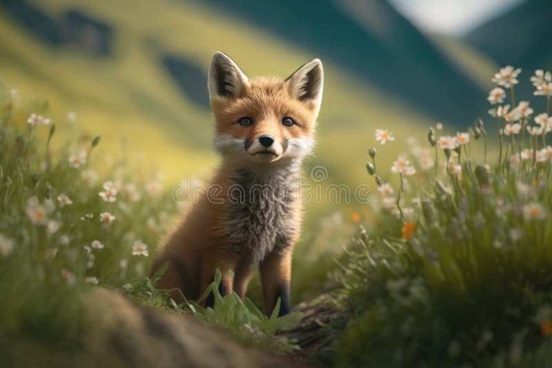 Baby Red Fox in Spring Green Grass with Flowers. Generative AI Stock ...