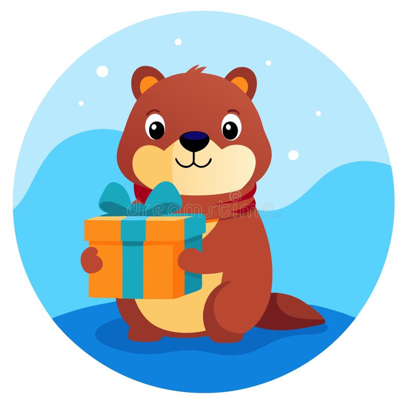 Baby Rodent Beaver with Christmas Gift Box on Blue Background Stock ...