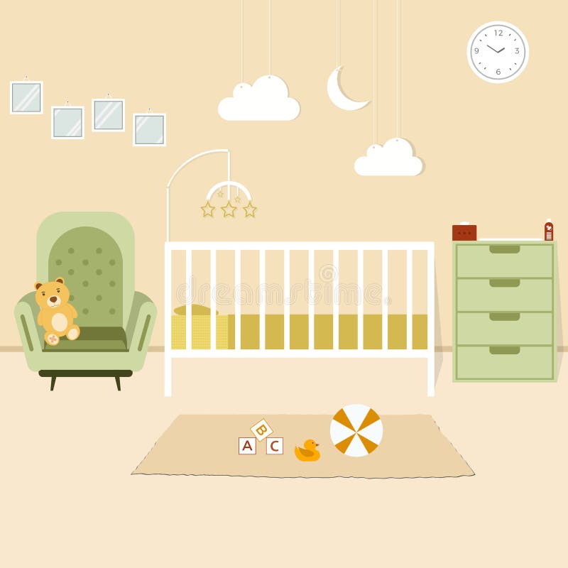 Cozy Nursery Interior, Baby Room, Flat Style Vector Illustration ...