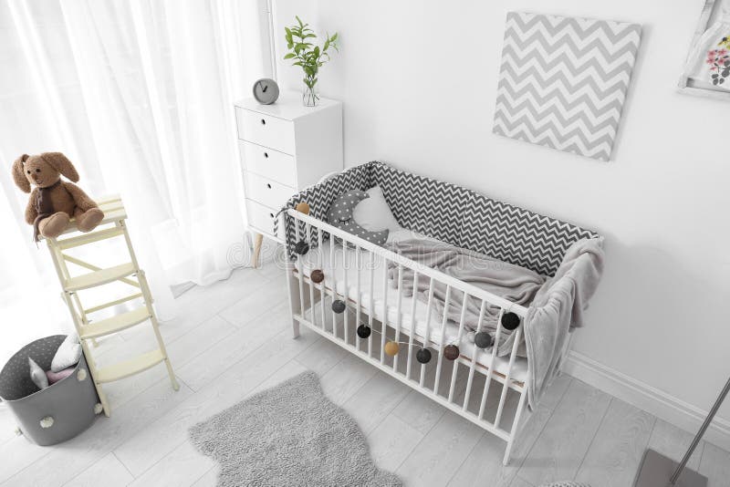 Baby Room Interior with Crib Stock Photo - Image of arrangement, decor ...