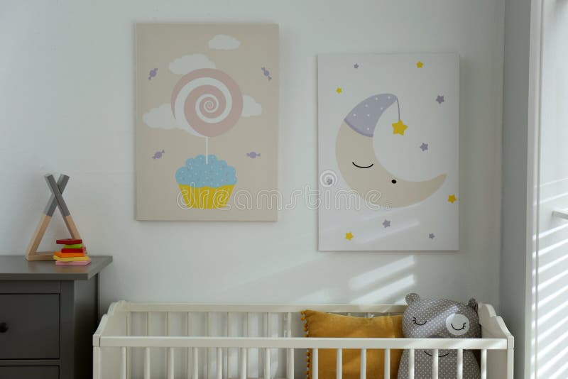 Baby Room with Crib and Cute Posters on Wall Stock Image - Image of ...