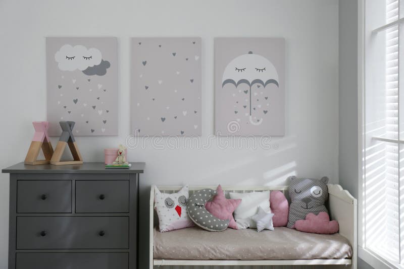 Baby Room Interior with Cute Posters and Bed Stock Image - Image of ...