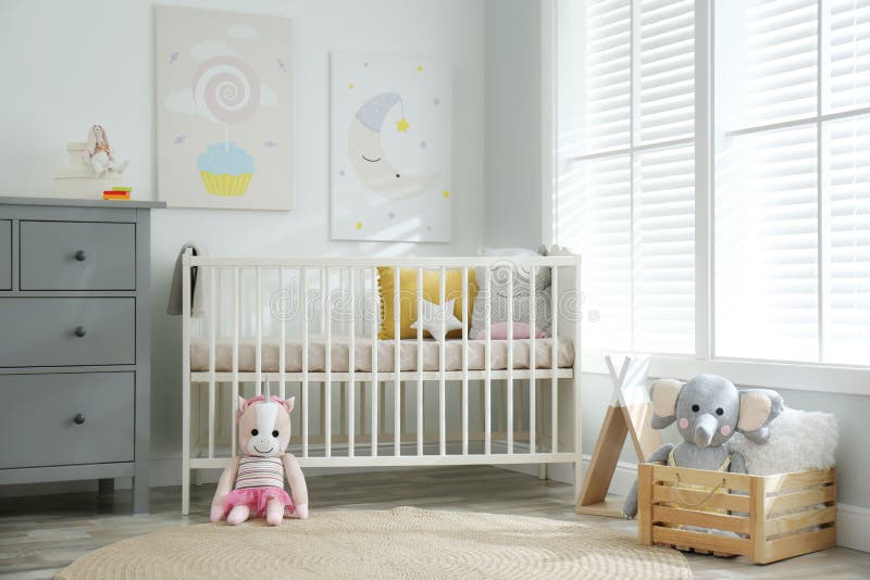 Baby Room with Cute Posters and Crib Stock Photo - Image of decoration ...