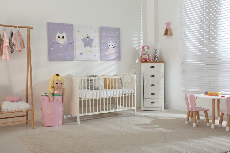 Baby Room with Cute Posters and Crib Stock Photo - Image of decorative ...