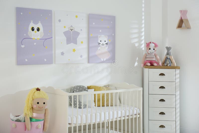 Baby Room with Cute Posters and Crib Stock Photo - Image of chest ...