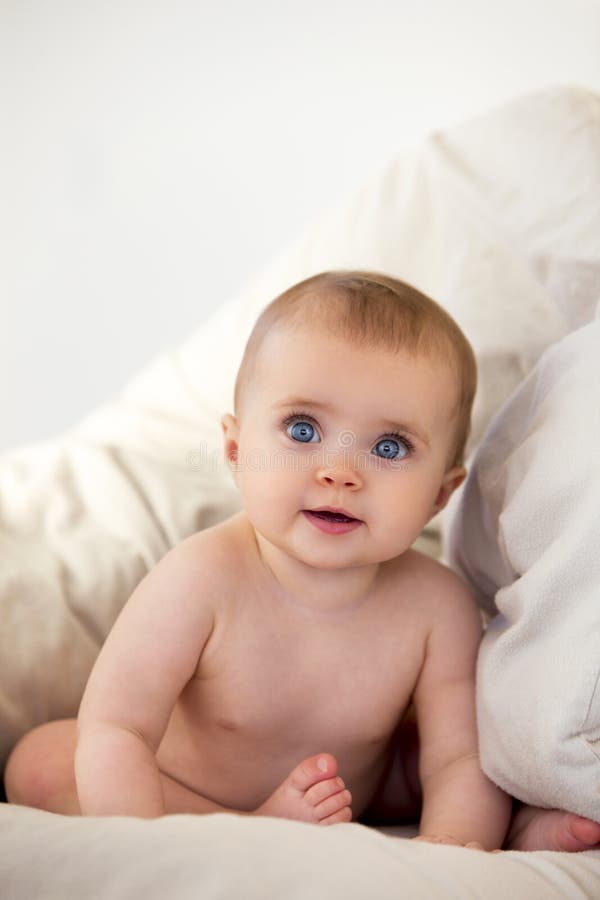 Baby s Awake stock image. Image of home, duvet, blue - 50746347