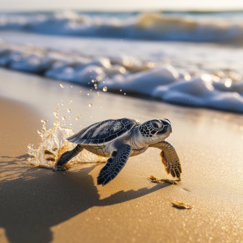 Baby Sea Turtle on Beach Running Towards the Ocean Stock Illustration ...
