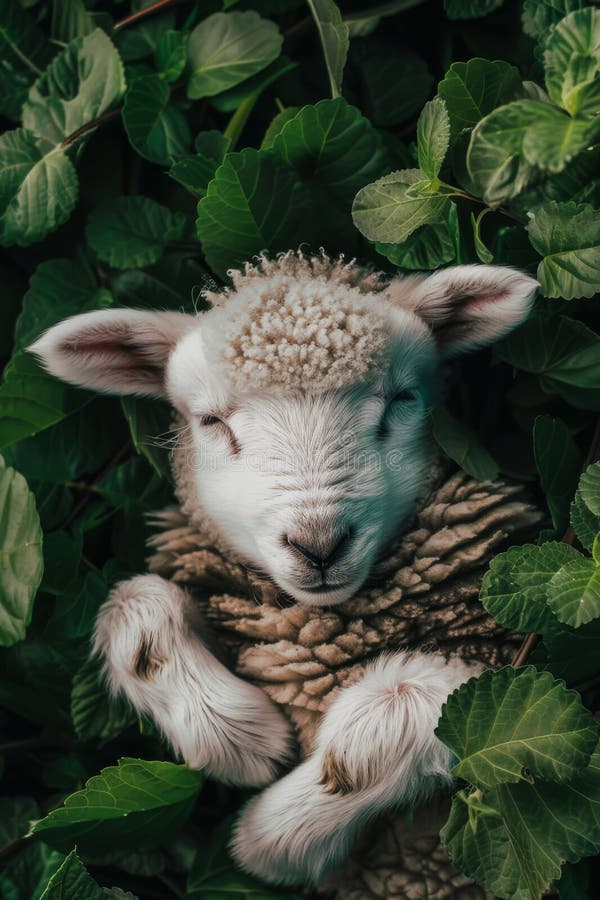 A Baby Sheep is Sleeping in a Green Bush Stock Illustration ...