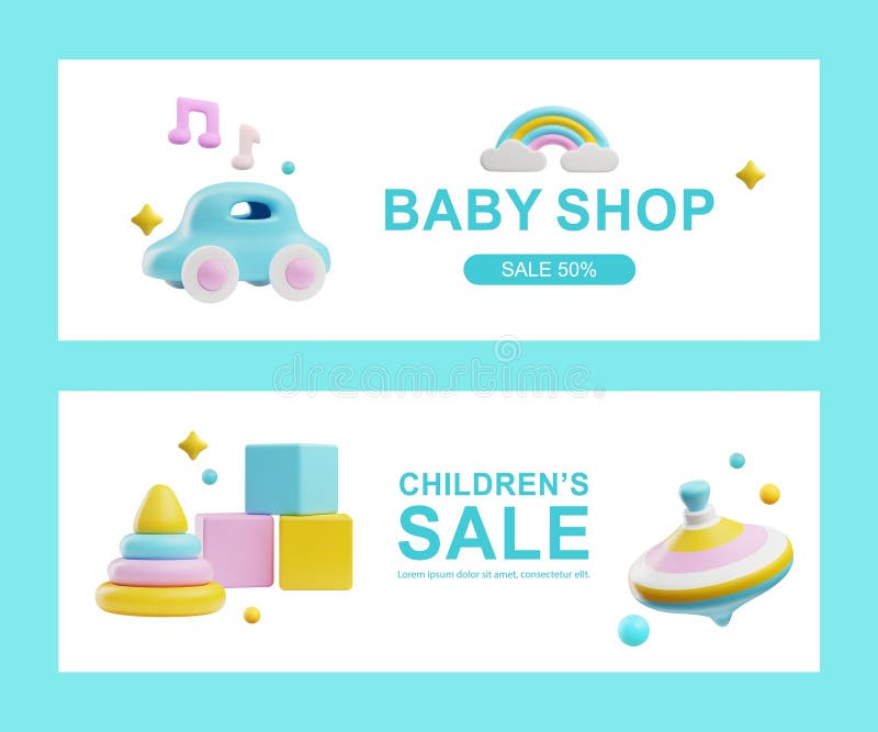Baby Shop Advertising Banners Set with Cute 3d Elements, Vector ...