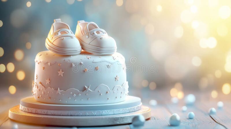 Baby Shower Cake Topped with Tiny White Shoes Stock Illustration - Illustration of dessert ...