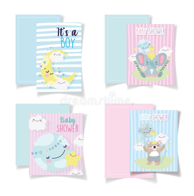 Baby Shower Cards Cute Bear Elephant Moon Clouds Stock Vector ...
