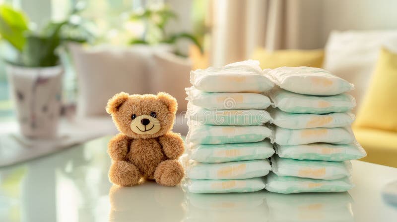 Baby Shower Essentials Stack of Diapers Teddy Bear and GenderNeutral Decorations on a Table with ...
