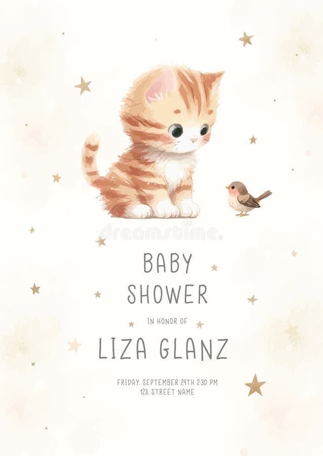 Baby Shower Invitation Design Template with Little Cat and Bird. Stock ...