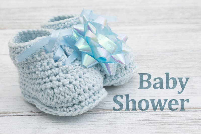 Baby Shower Invite with Blue Baby Booties with a Bow on Wood Stock ...