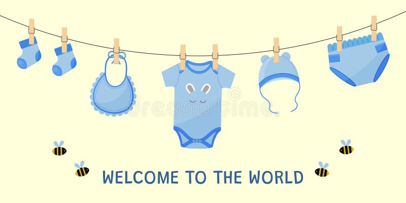 Baby Shower Welcome Card with Hanging Baby Boy Clothes. Stock Vector ...