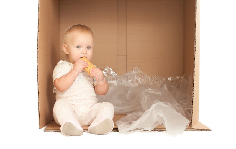 Baby Sit in Box and Eat Cookie Stock Image - Image of breakfast, cute ...