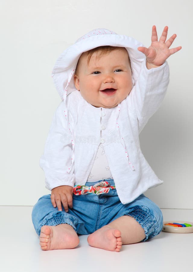 Baby sitting stock photo. Image of hair, green, barefoot - 14064764