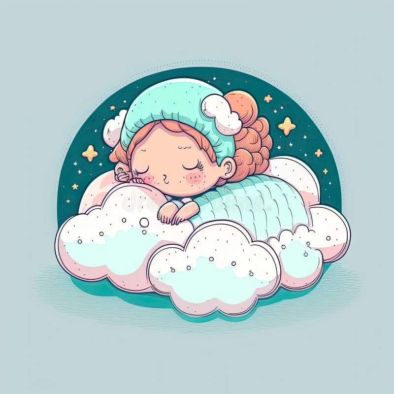 Baby Sleeping and Dreaming on Fluffy Cloud on Blue Background. Color ...