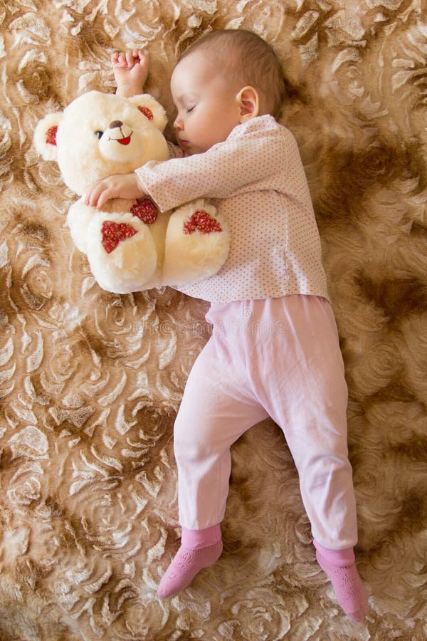 Baby Sleeping with Teddy Bear Stock Image - Image of crib, newborn ...