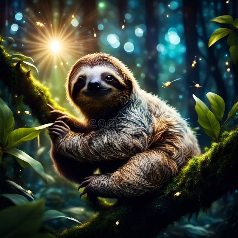 Baby Sloth in a Dark Enchanted Forest with Fireflies at Night Stock ...