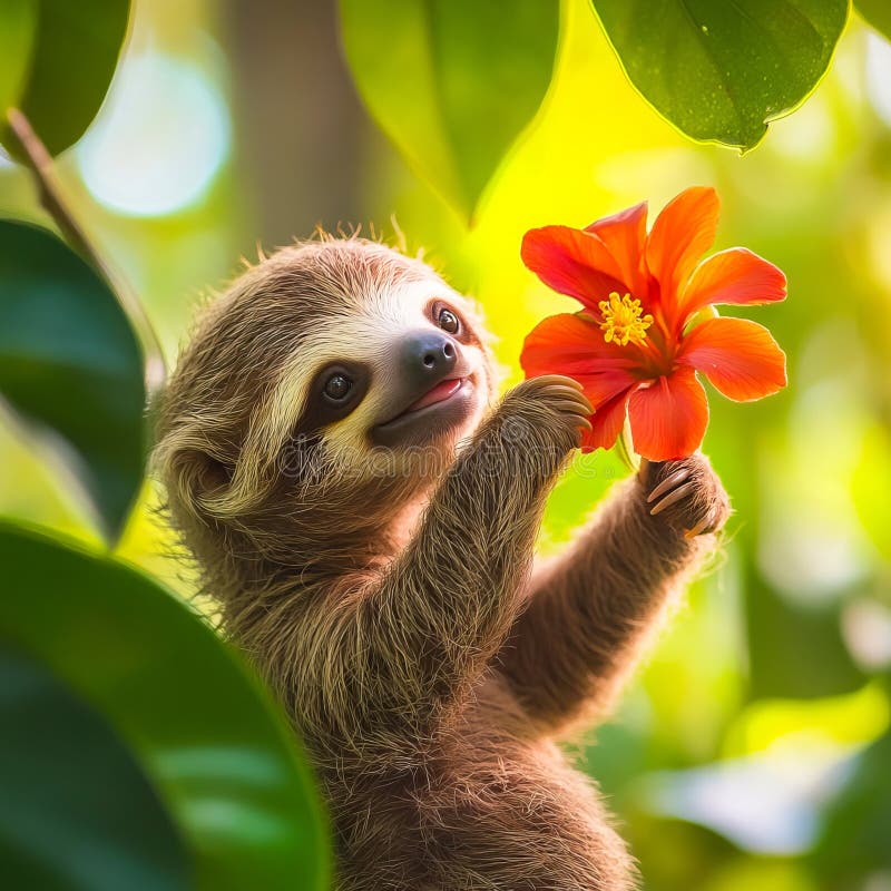 A Baby Sloth Holding a Flower in Its Mouth Stock Image - Image of ...