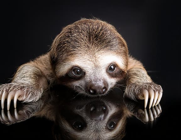 Baby Sloth Lying on Black Surface with Reflection Stock Illustration ...