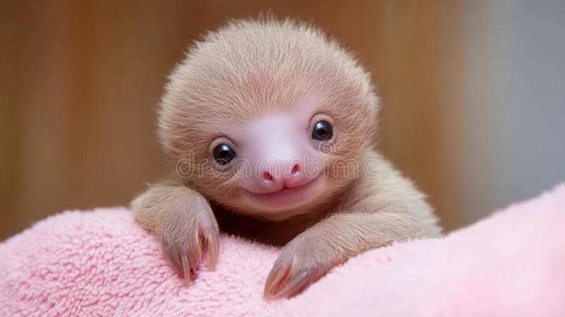 A Baby Sloth is Sitting on a Pink Blanket, AI Stock Image - Image of ...