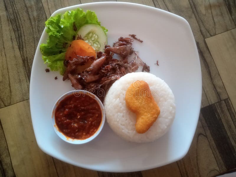 Baby Squid with Chicken Nugget and Chili Sauce Stock Image - Image of ...