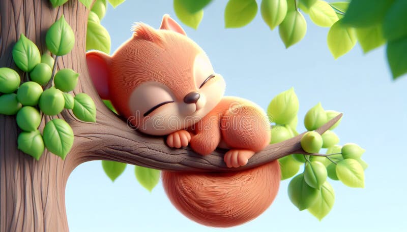 Baby Squirrel Cartoon Sleeping Peacefully on a Tree Trunk Stock ...
