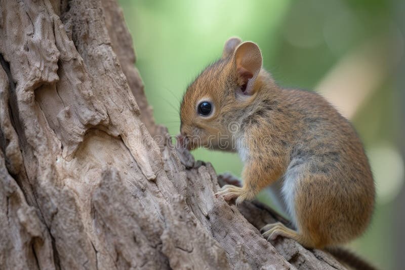 Baby Squirrel Climbing Tree Trunk, Its Bushy Tail Visible Stock Photo ...