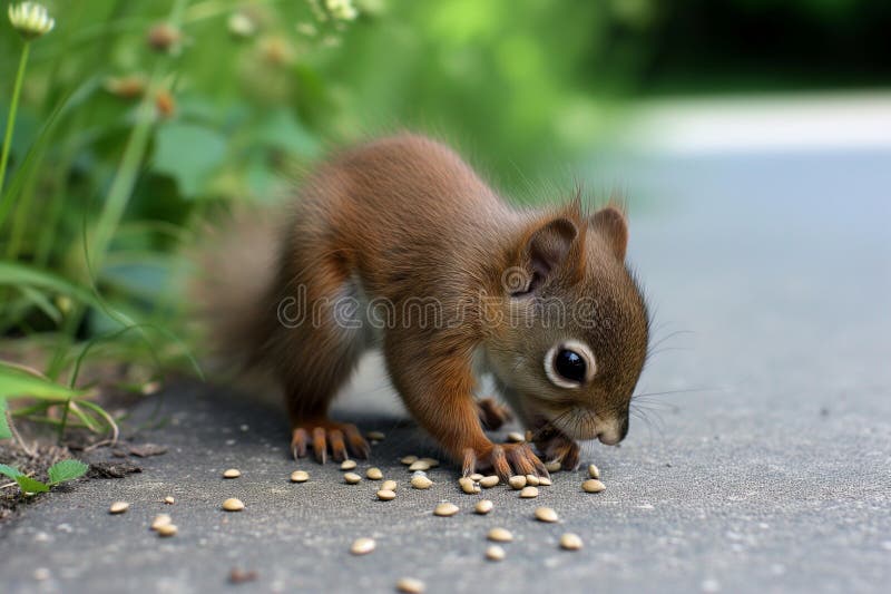 Baby Squirrel Nibbling Seed on Concrete Path Stock Photo - Image of ...