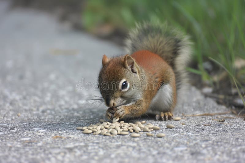 Baby Squirrel Nibbling Seed on Concrete Path Stock Image - Image of ...