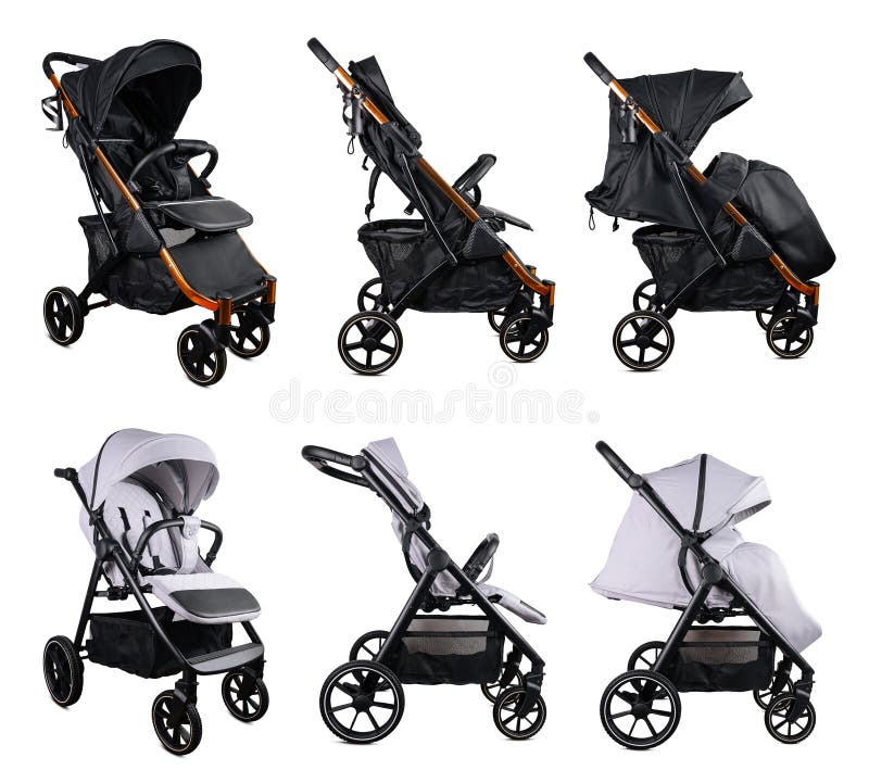 Baby Stroller Isolated on White. Modern Pram in Different Positions ...