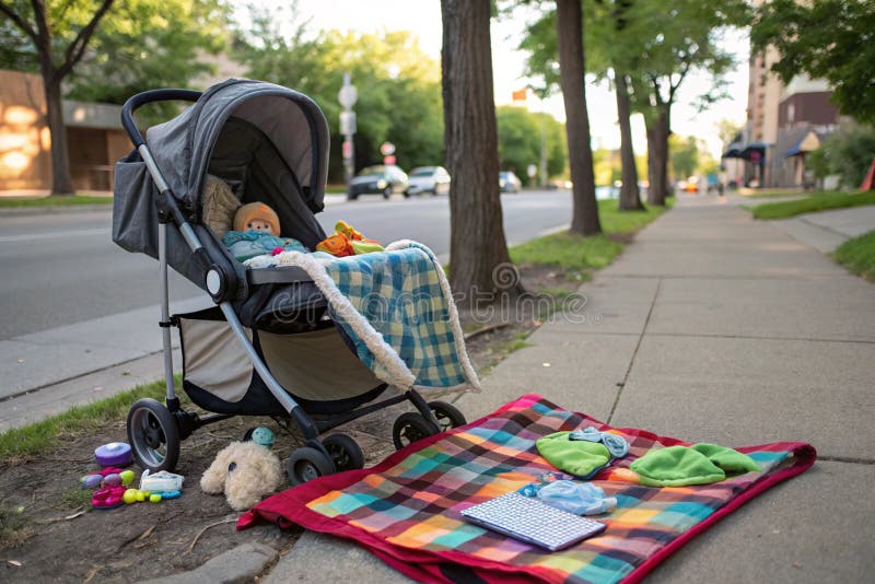 Baby Stroller, Plaids and Little Things in Room Stock Illustration ...