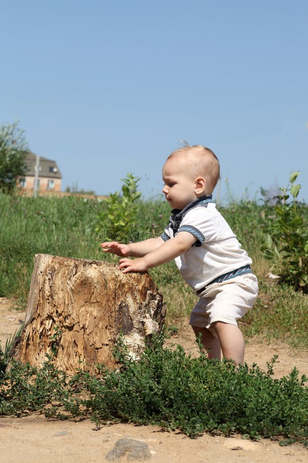 Baby on Stump stock image. Image of feet, barefeet, barefooted - 59230935