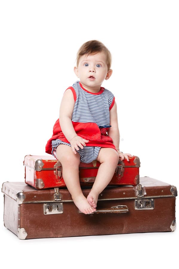 Baby with Suitcase Isolated on White Stock Image - Image of dress, baby ...