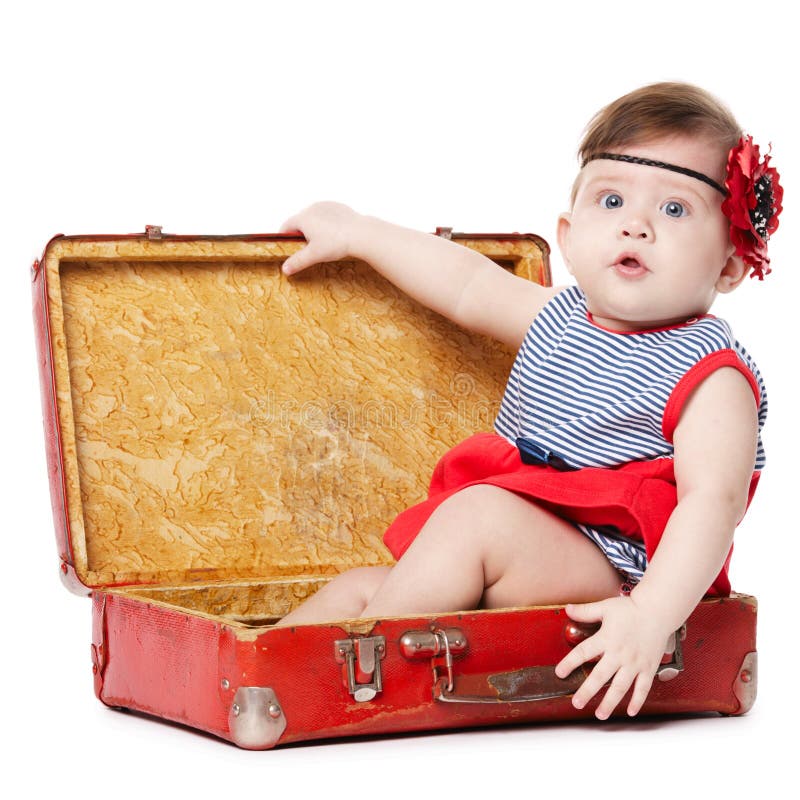 Baby with Suitcase Isolated on White Stock Photo - Image of holiday ...