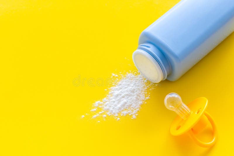 Baby Talcum Powder for Delicate Skin Care Near Pacifier on Yellow ... Baby Talcum Powder for Delicate Skin Care Near Pacifier on Yellow ...
