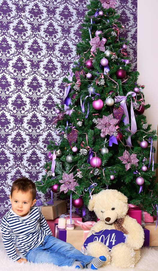 Baby and Teddy Bear Under the Christmas Tree Stock Image - Image of ...