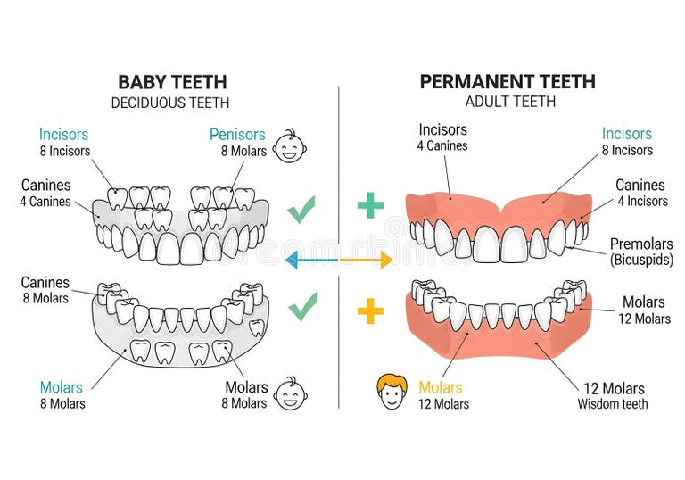 Baby Teeth Vs. Permanent Teeth Comparison Chart Stock Illustration ...