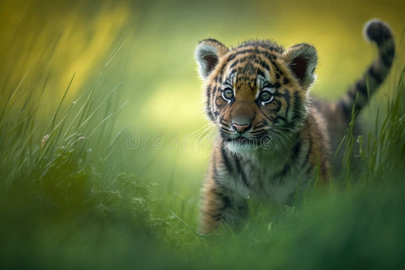 Baby Tiger in Spring Green Grass with Flowers. Generative AI Stock ...