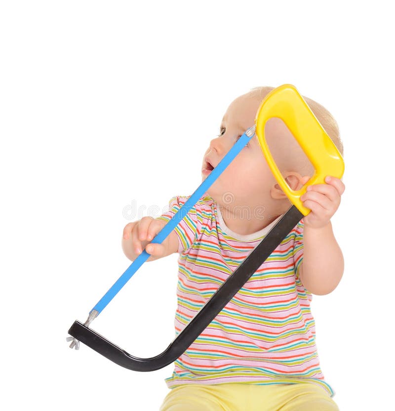 Baby with Tools on White Background Stock Image - Image of face, manual ...