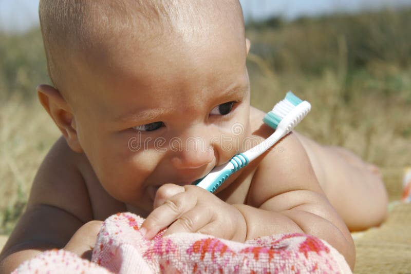Baby with toothbrush stock photo. Image of close, plaque - 2758640