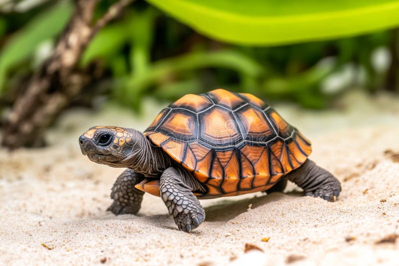 A Baby Tortoise Makes Its Way Across Soft Sand, Showcasing Its Vibrant ...