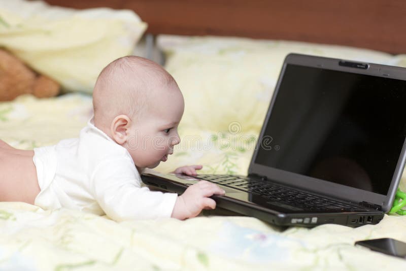 Baby Girl Working on Laptop Stock Image - Image of concept, adoption ...