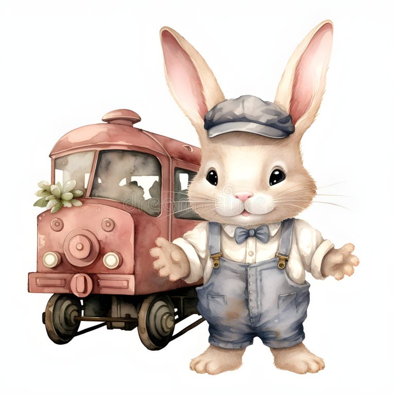 Baby Train Engineer Cute Bunny Cute Bunny Watercolor Stock Illustration ...