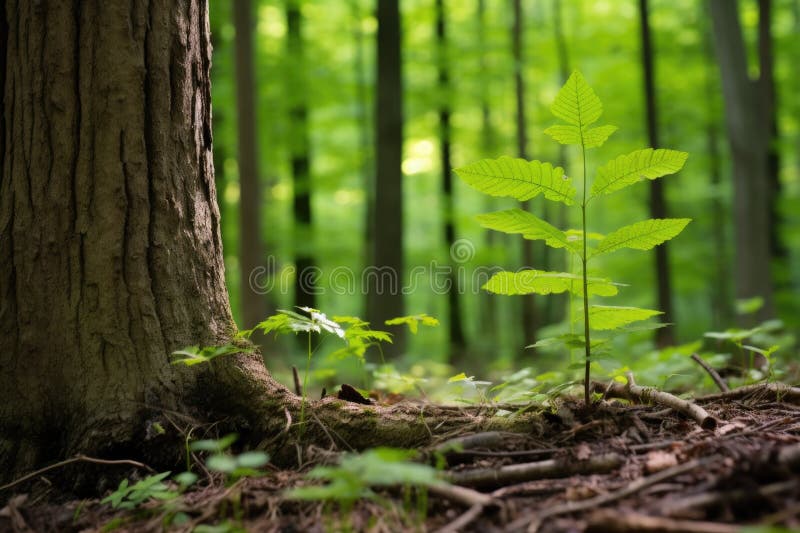 A Baby Tree Next To an Adult Tree in a Lush Forest Stock Photo - Image ...