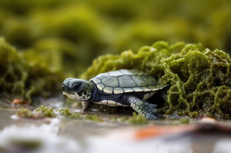 Baby Turtle Finding Its Way through Maze of Seaweed on the Beach Stock ...