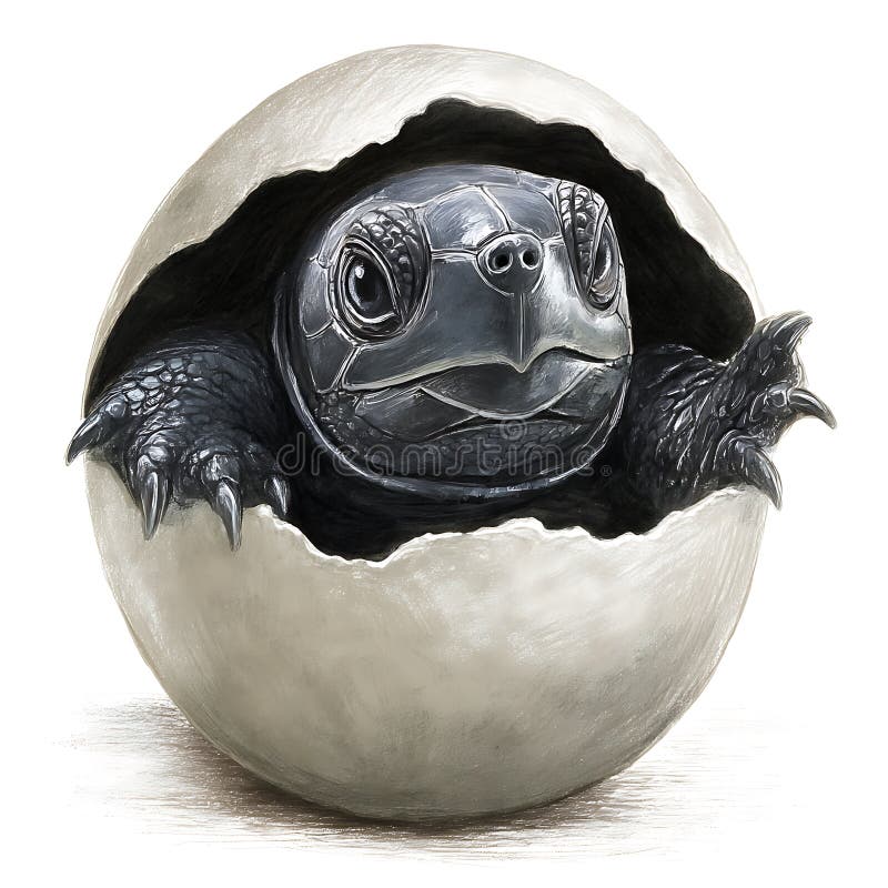 Baby Turtle Hatching from Egg Shell Close Up Illustration Stock ...